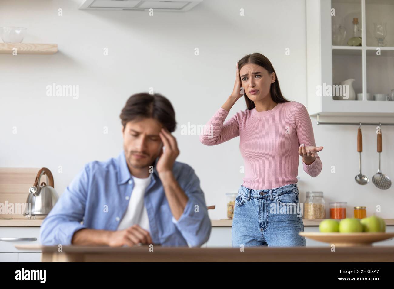 Tired Sad Unhappy Millennial Caucasian Husband Ignoring Upset Angry