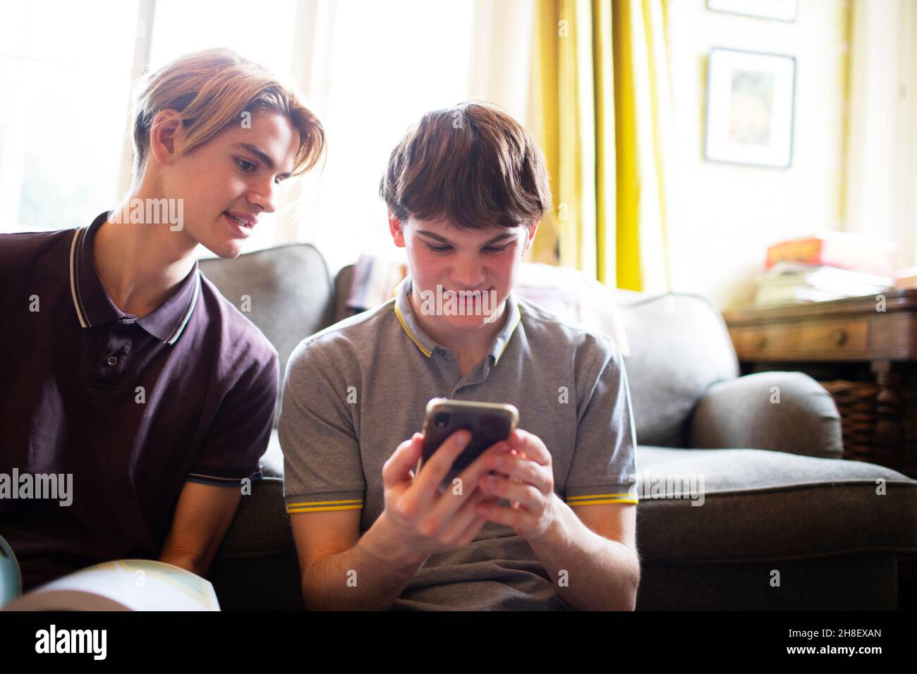 Teenage boys using smart phone in living room Stock Photo - Alamy