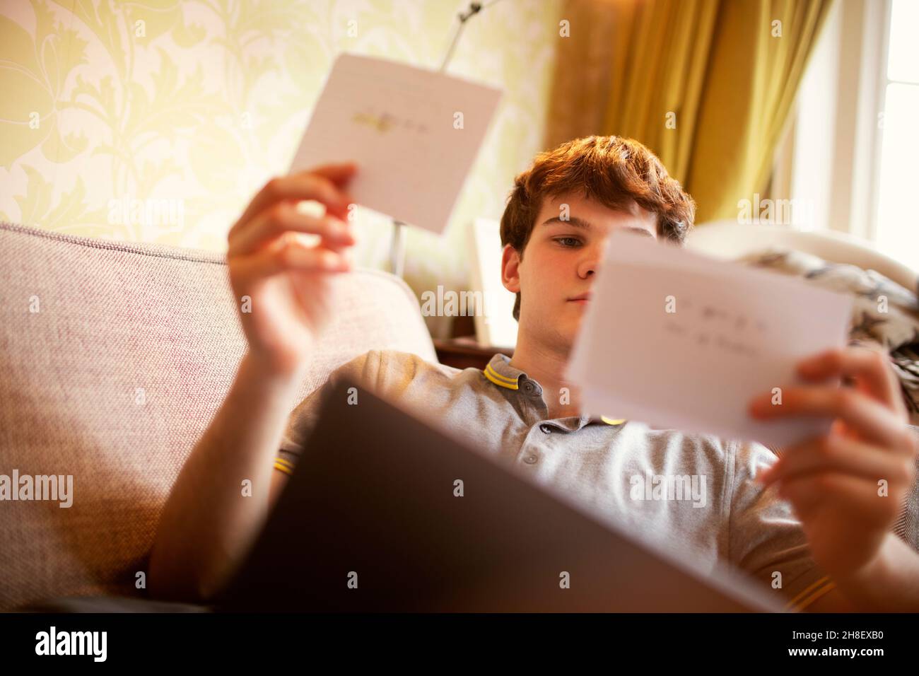 Teenage boy with flash cards studying on sofa Stock Photo - Alamy