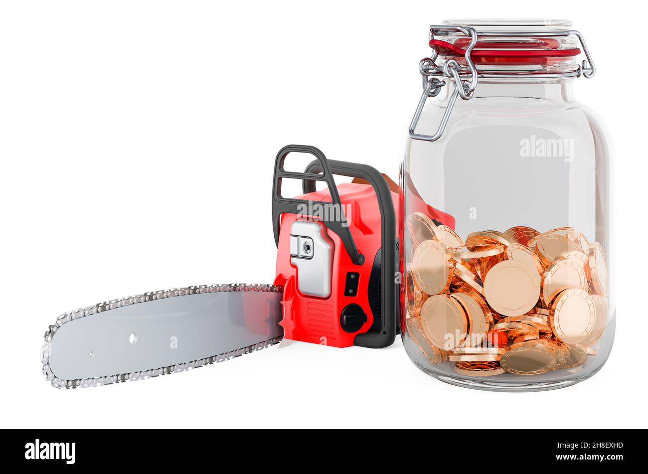 Chainsaw with glass jar full of golden coins, 3D rendering isolated on ...