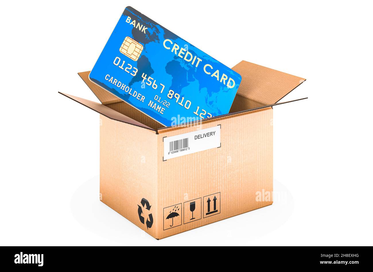 Credit card inside cardboard box, online shopping and delivery concept ...
