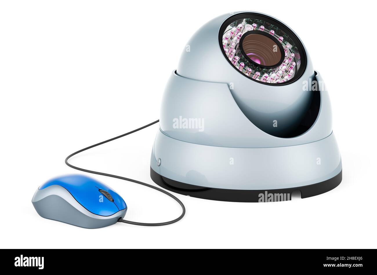 Dome security camera with computer mouse. 3D rendering isolated on ...