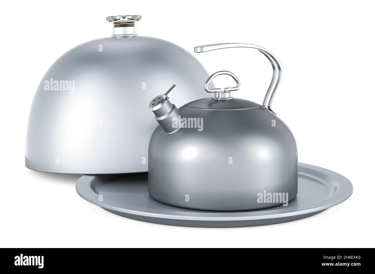 Restaurant cloche with big metallic kettle with a whistle. 3D rendering ...