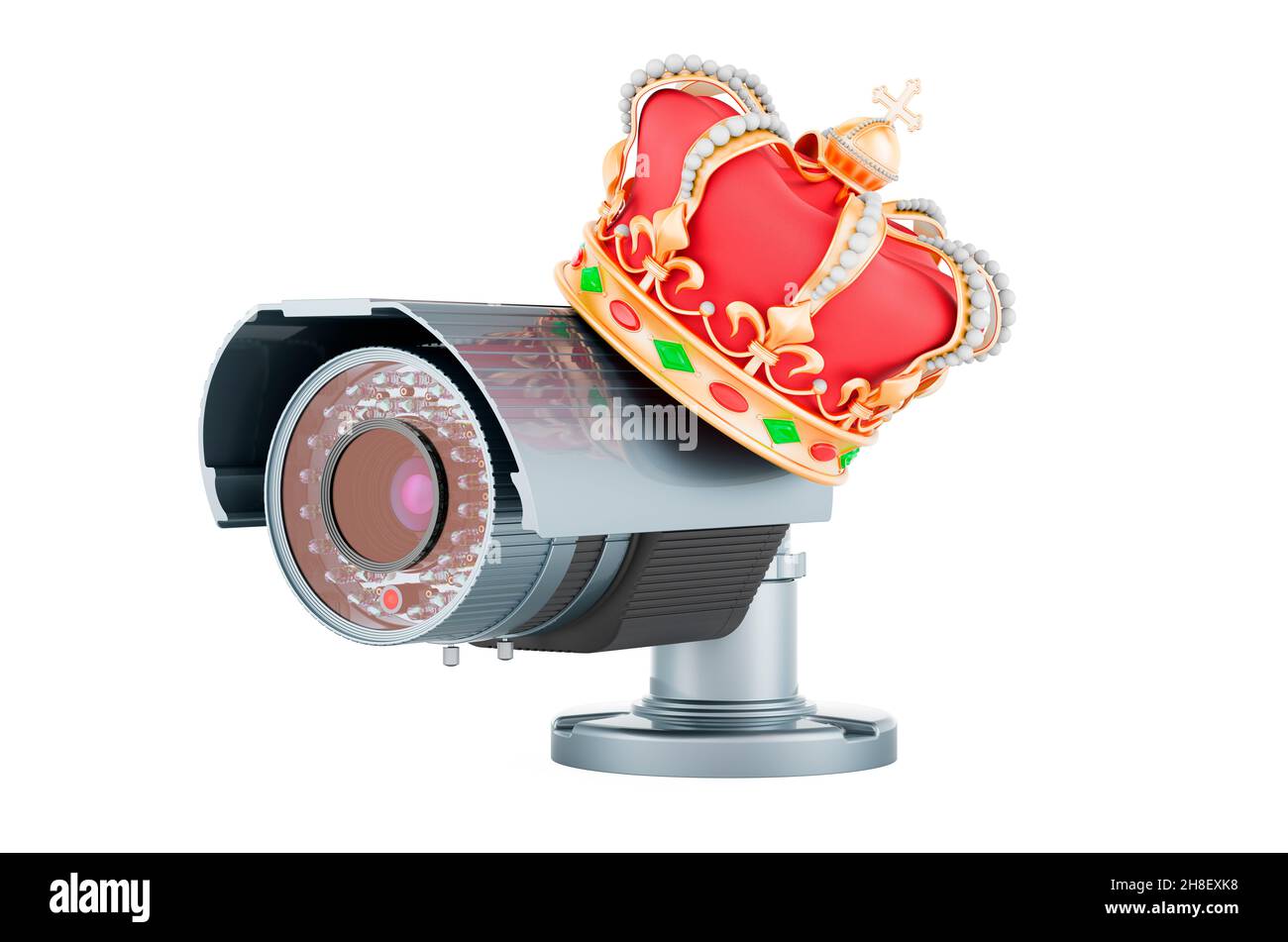 Security surveillance camera with golden crown, 3D rendering isolated ...