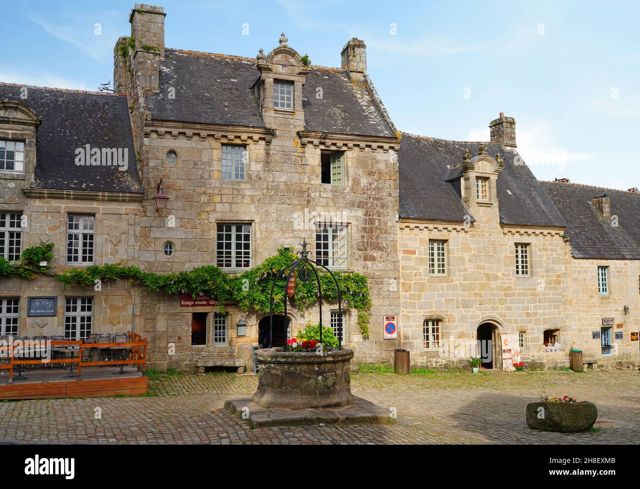 LOCRONAN, FRANCE -13 AUG 2021- View of Locronan, a historic stone ...