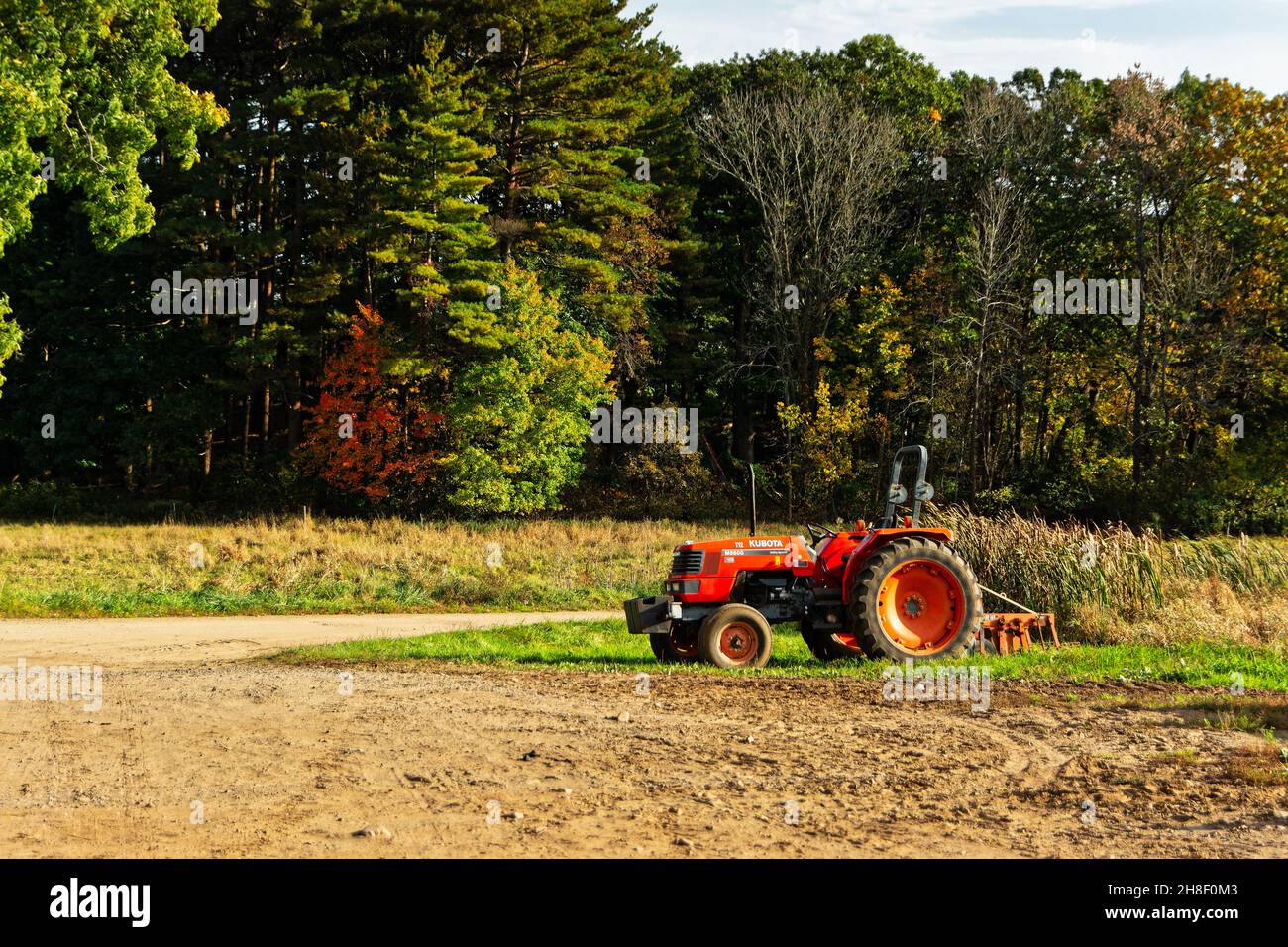 Apple red Kubota tractor parked in the grass against a background of ...