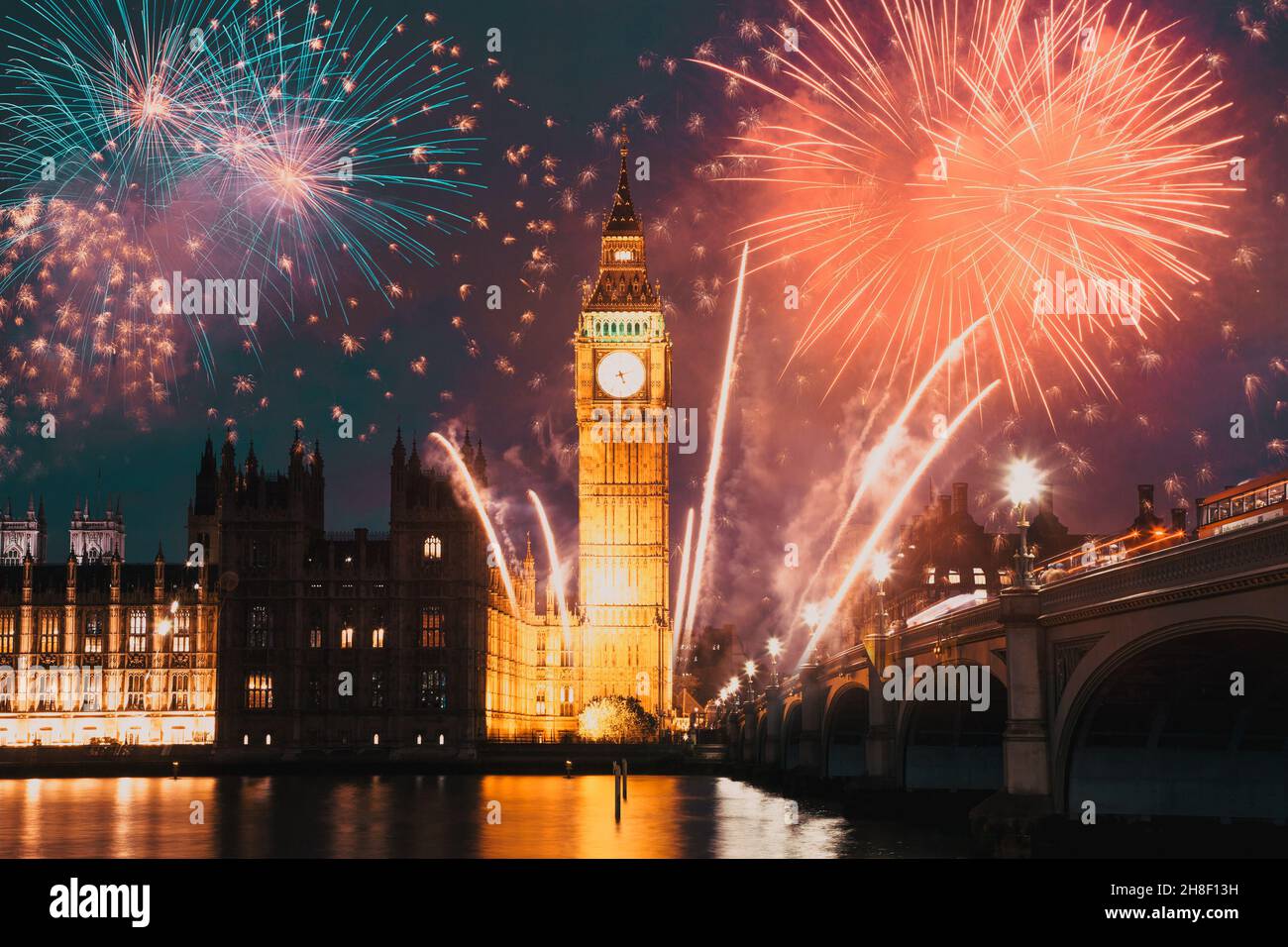 Explosive fireworks display fills the sky around Big Ben. New Year's ...