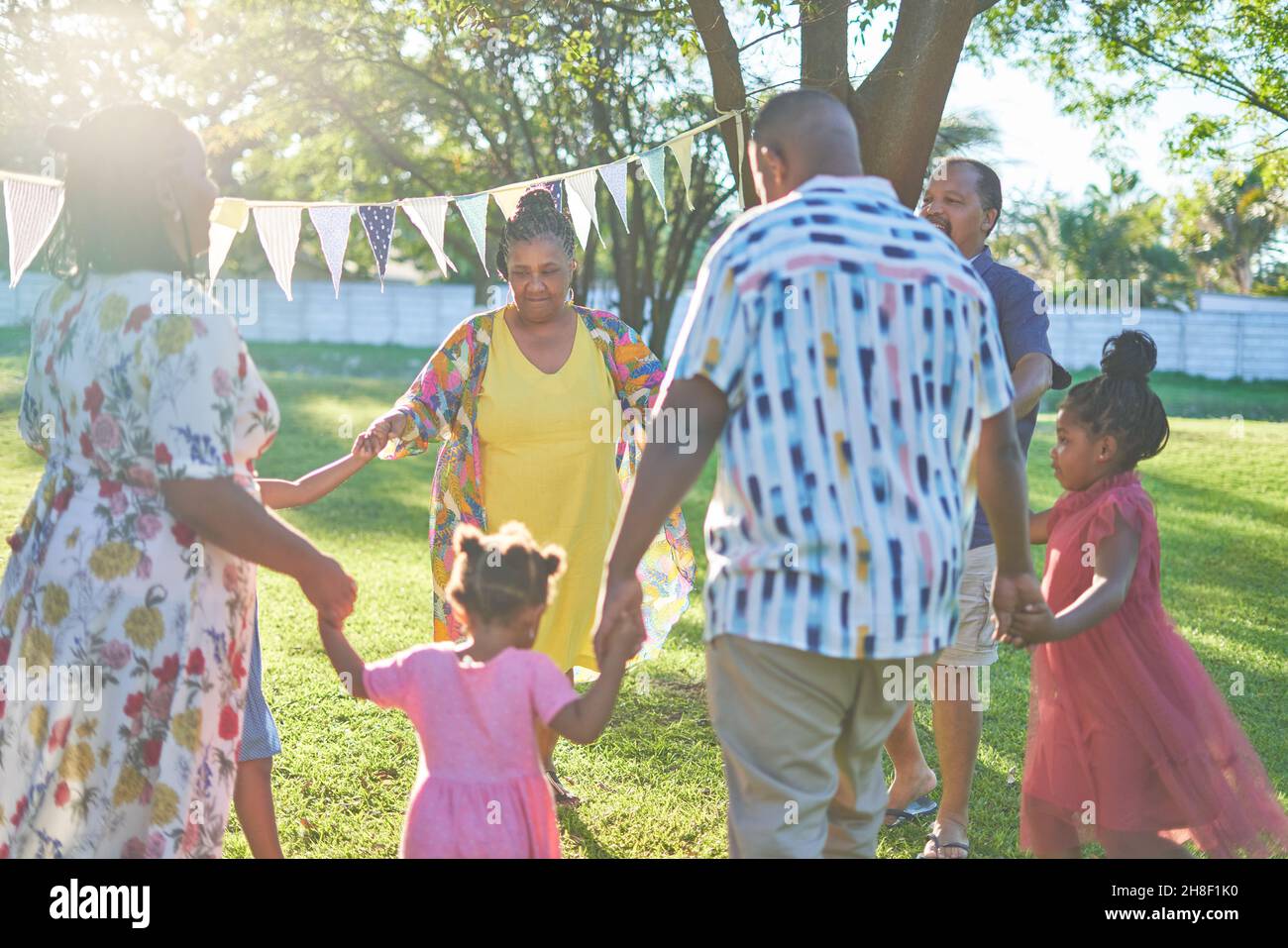Multigenerational family dancing in circle in sunny summer park Stock ...
