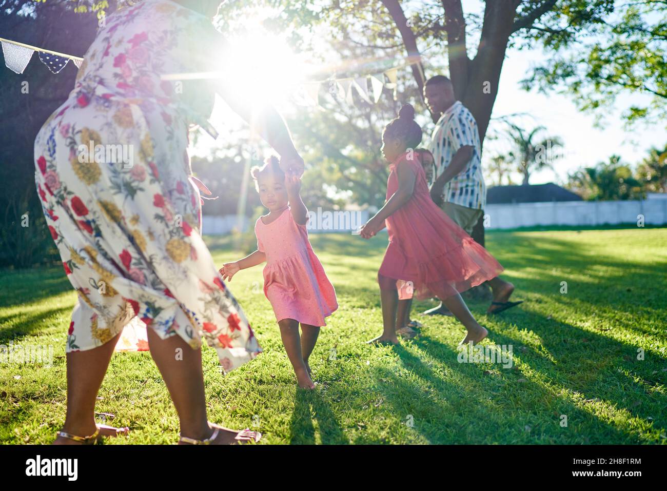 Family dancing in sunny summer backyard Stock Photo - Alamy