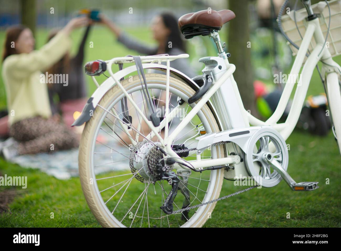 Friends enjoying picnic behind bicycle parked in park grass Stock Photo ...