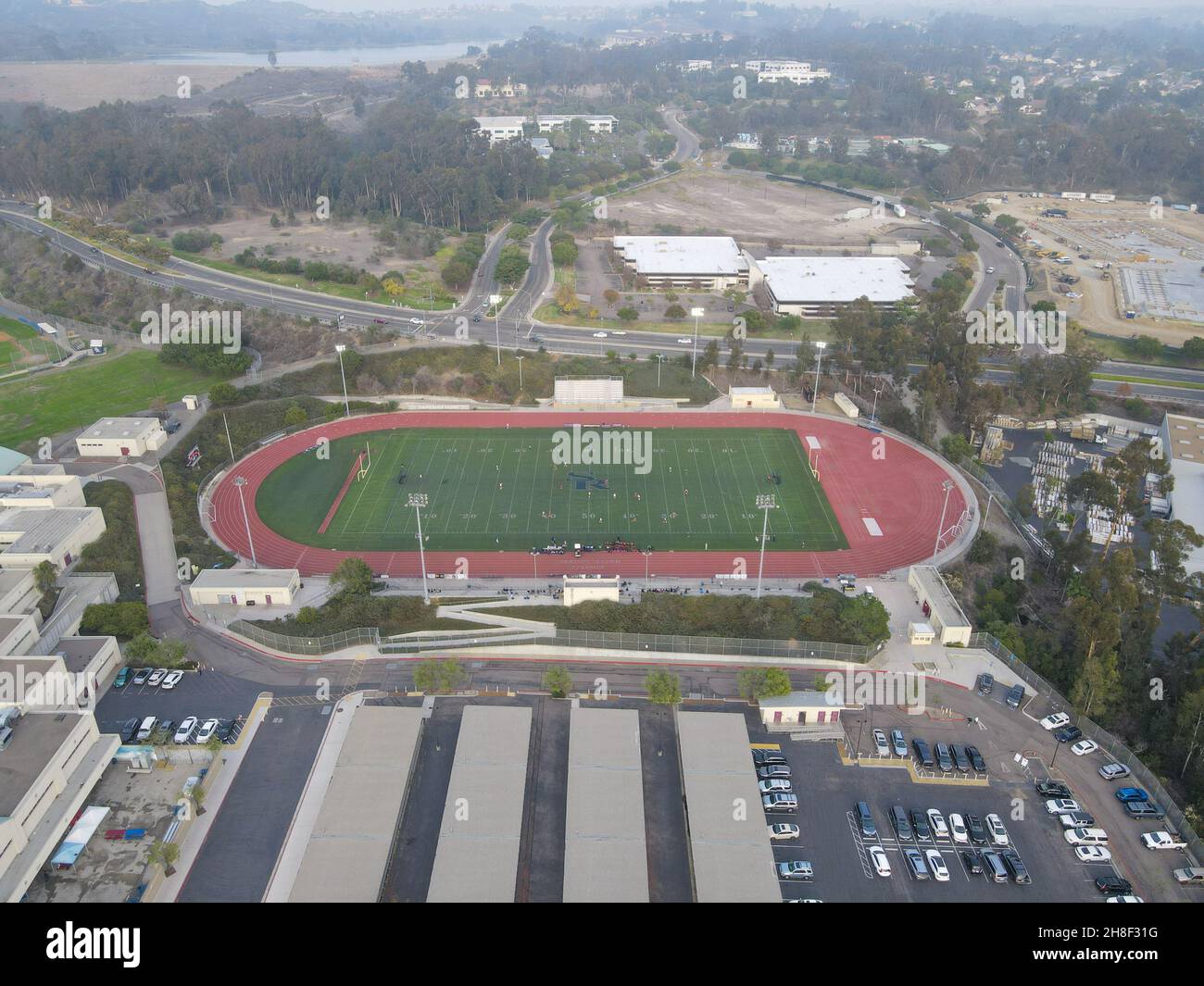 Aerial view of sport field at Scripps Ranch High School in San Diego ...