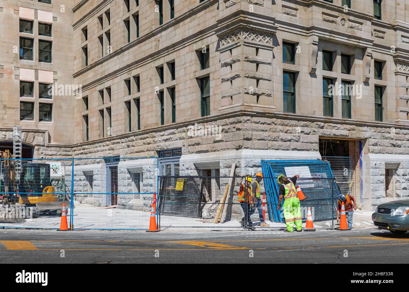 Preparing for road work on the street of a city. Street view of road ...
