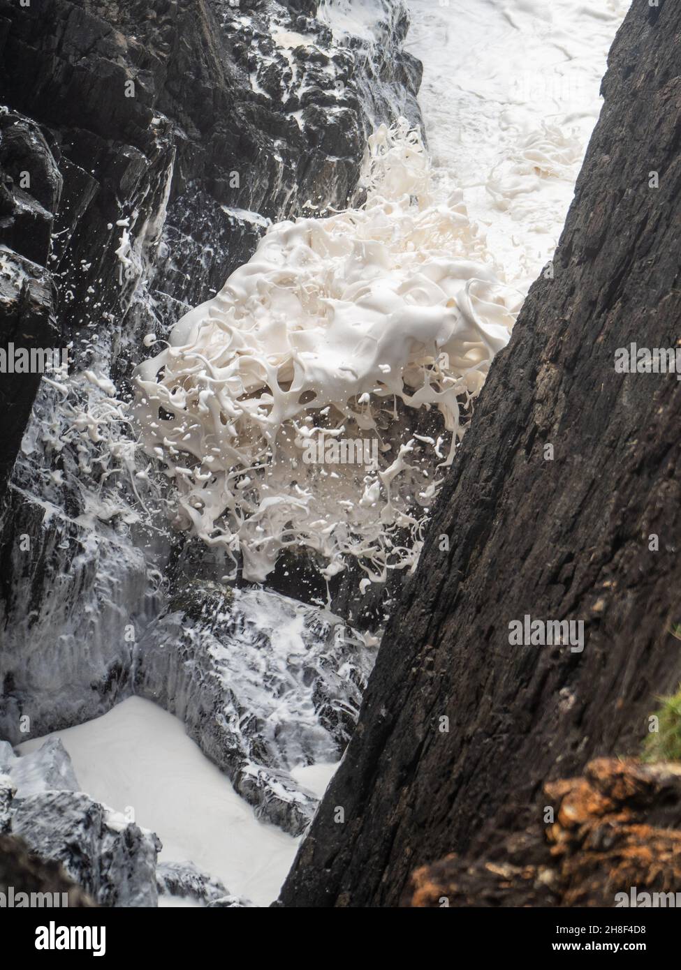 Force of nature. Creamy white foam, froth from sea water smashing into ...