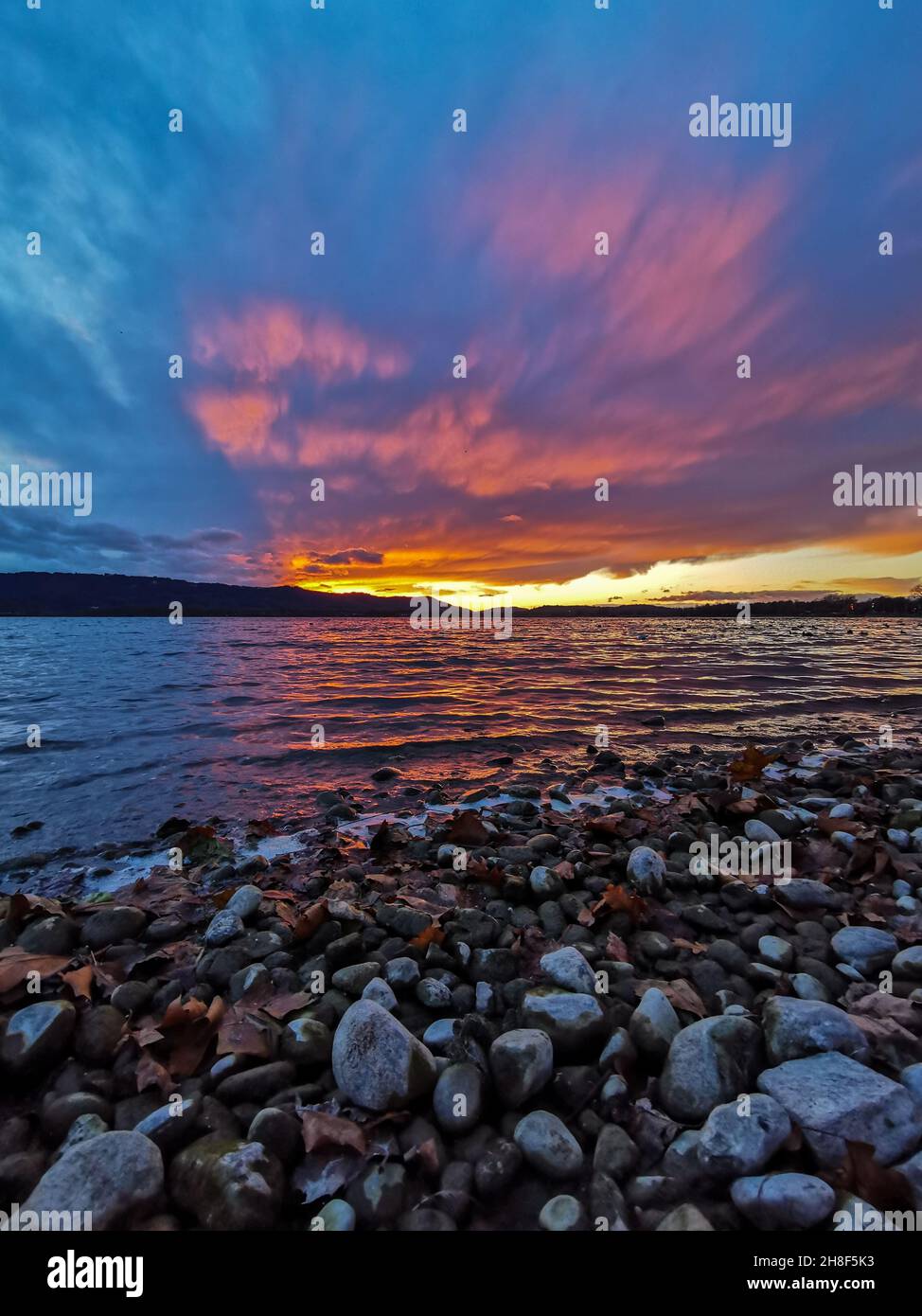 red sunset lake constance with colorful clouds Stock Photo - Alamy