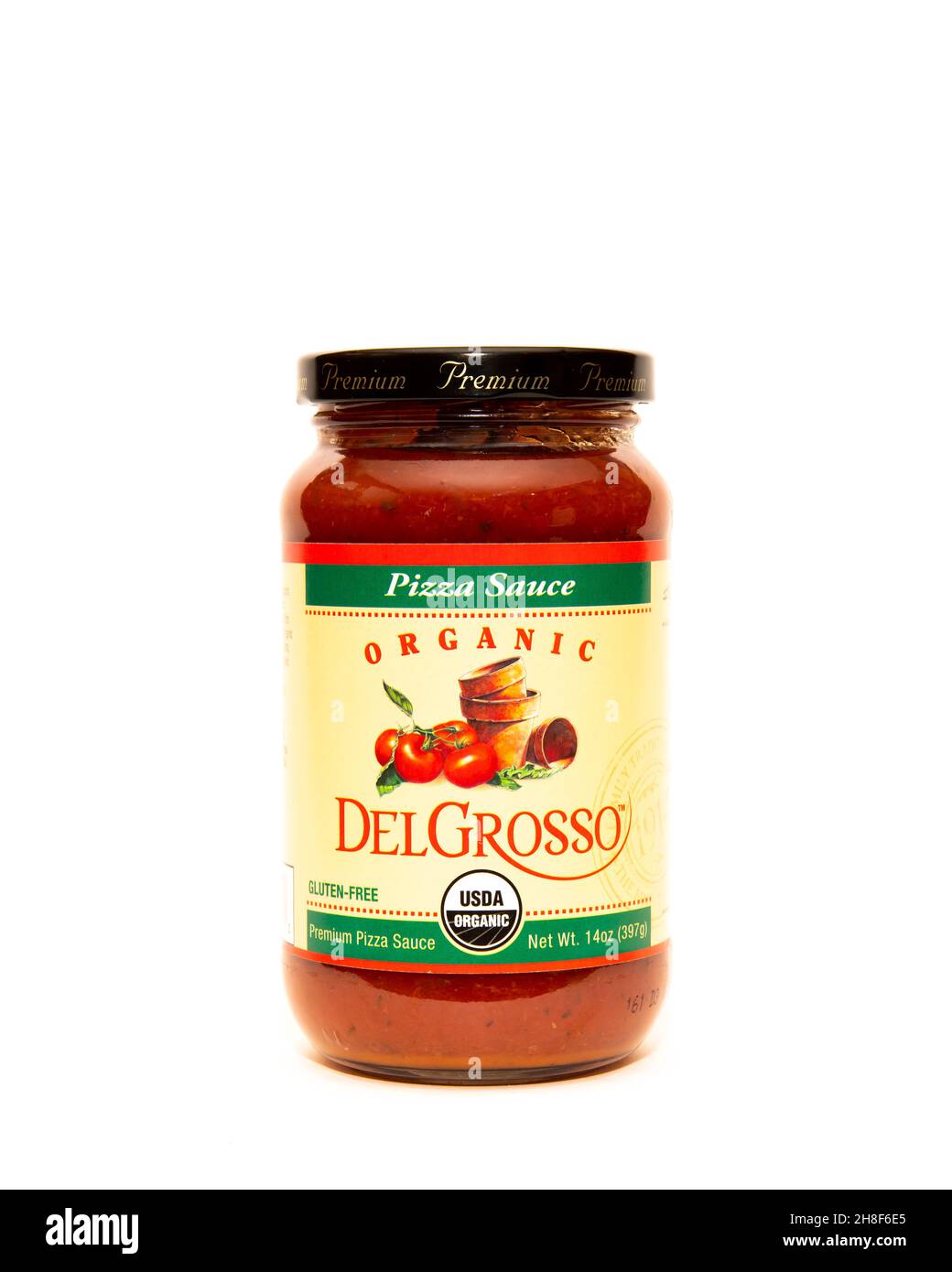 A bottle of DelGrosso gluten free organic premium pizza sauce Stock ...