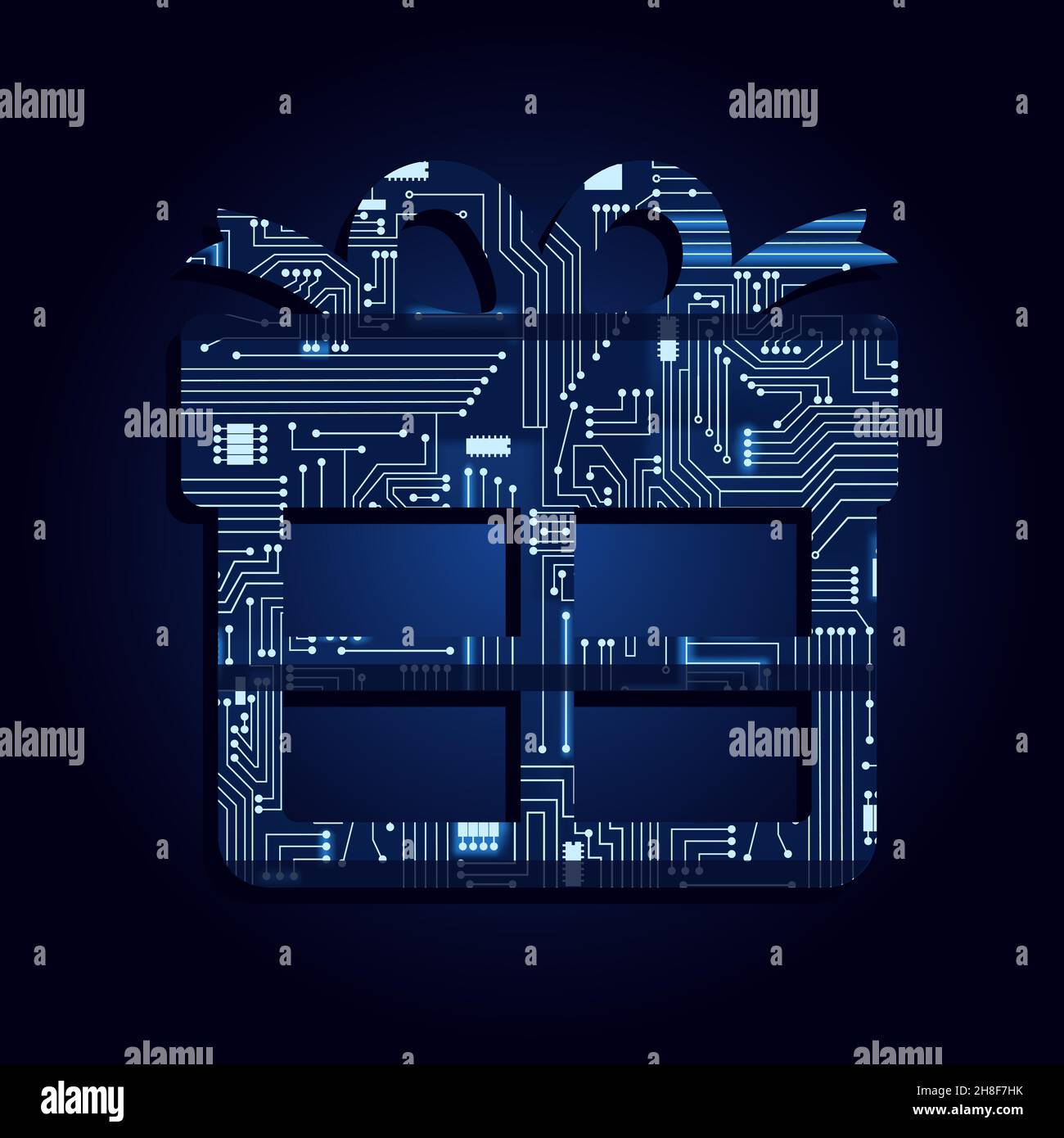 Gift symbol with electronic circuit. Blue and gradient background ...