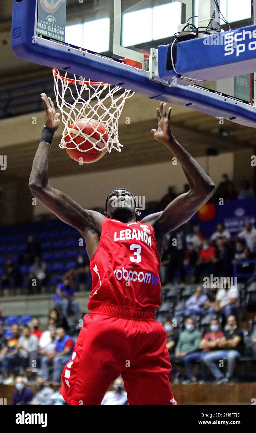 Beirut, Lebanon. 29th Nov, 2021. Ater Majok of Lebanon dunks during the ...