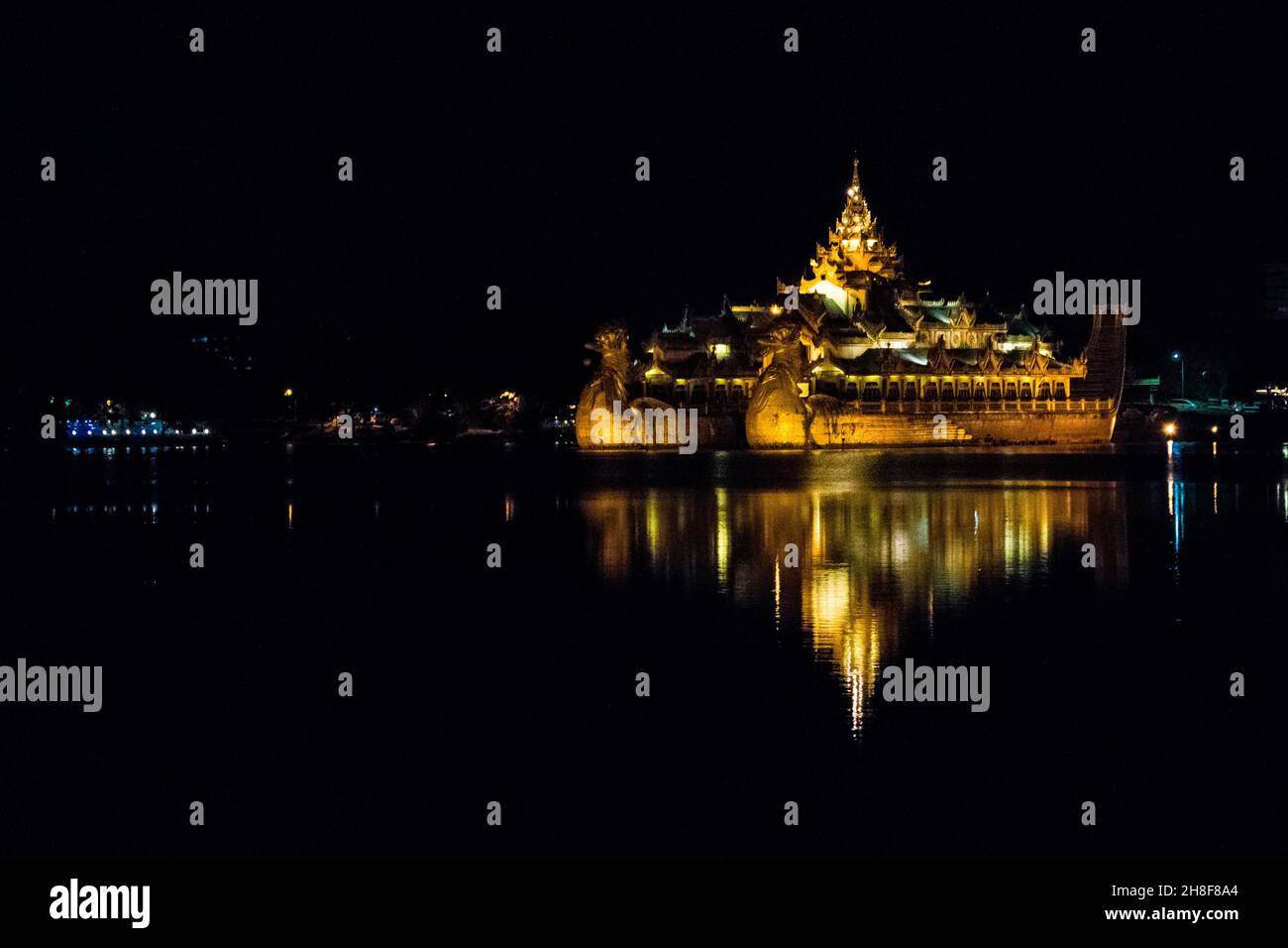 YANGON, MYANMAR (BURMA) - Aug 19, 2017: Karaweik Palace hall barge, lit ...