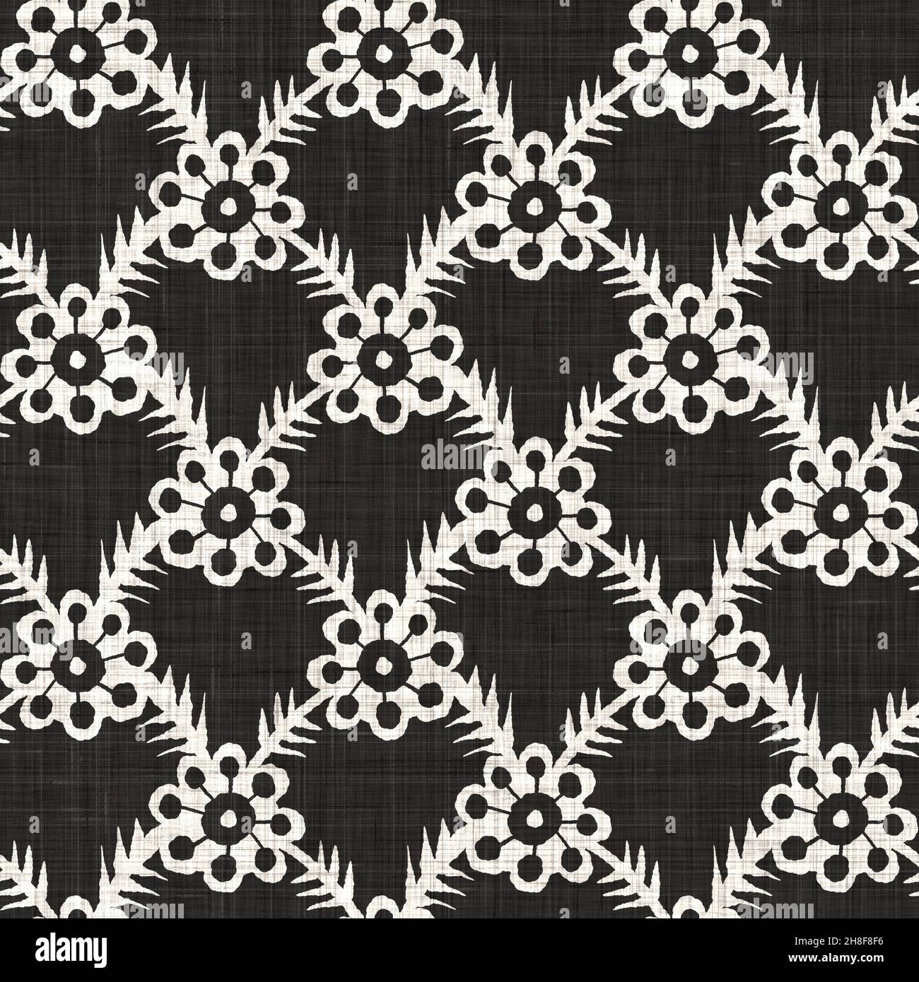 Seamless black white woven cloth floral linen texture. Two tone ...