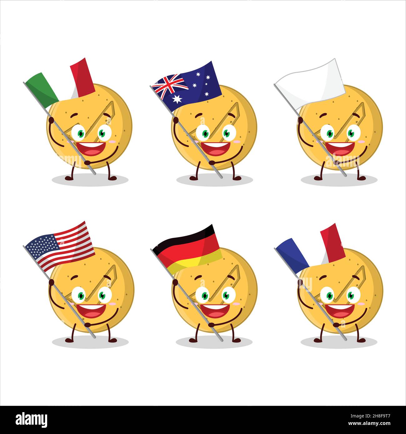 Dalgona candy agree cartoon character bring the flags of various ...