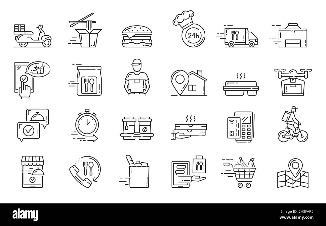 Food delivery icons, fast online order and shipping service vector ...