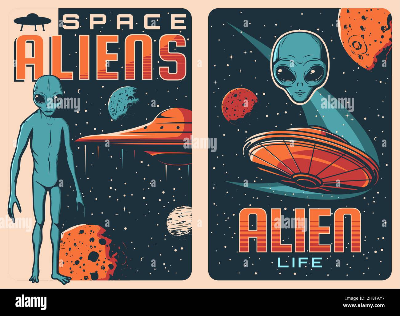 Aliens and UFO retro posters. Extraterrestrial life and spaceships ...