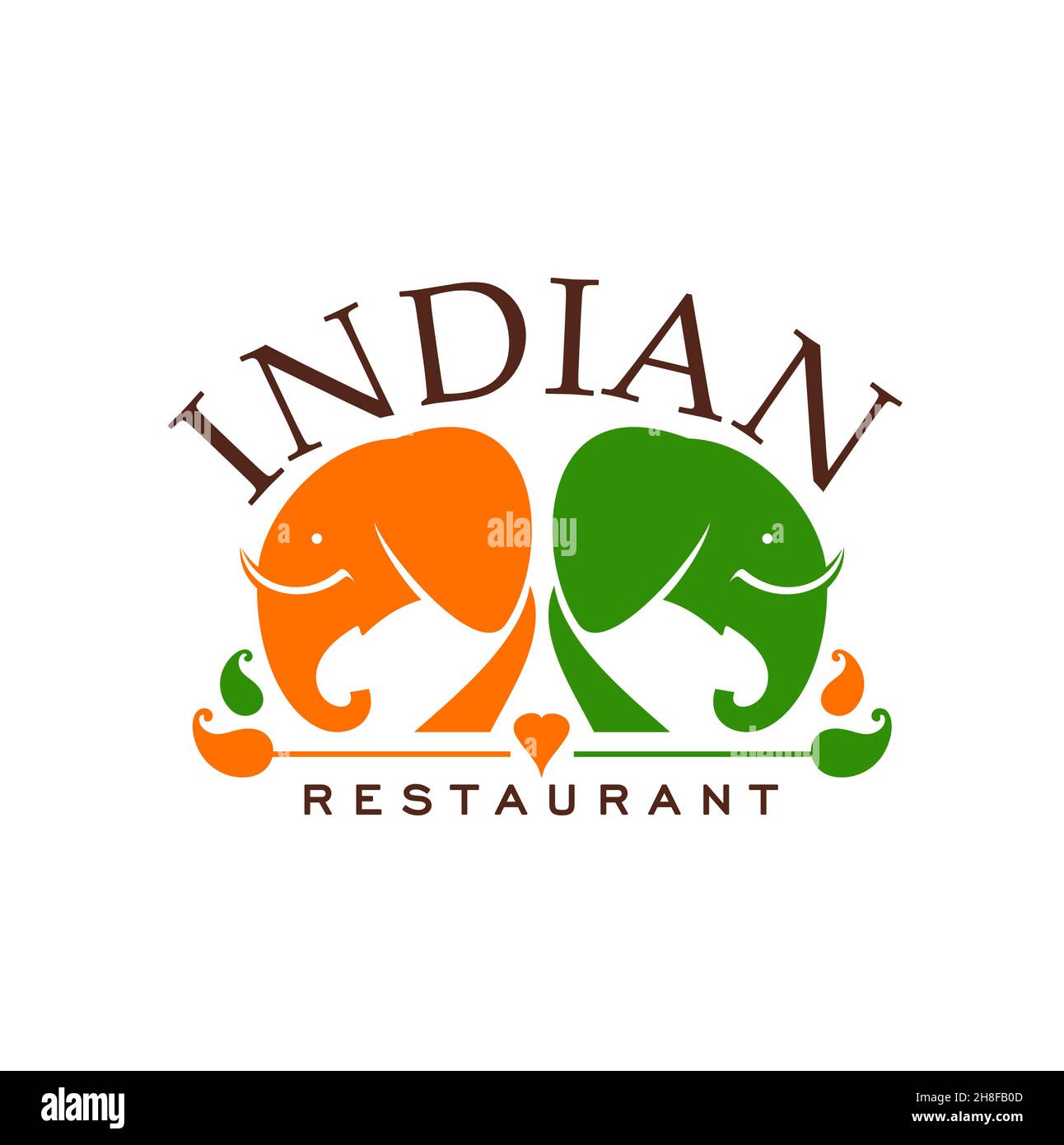 Indian cuisine restaurant icon with orange and green elephants heads ...