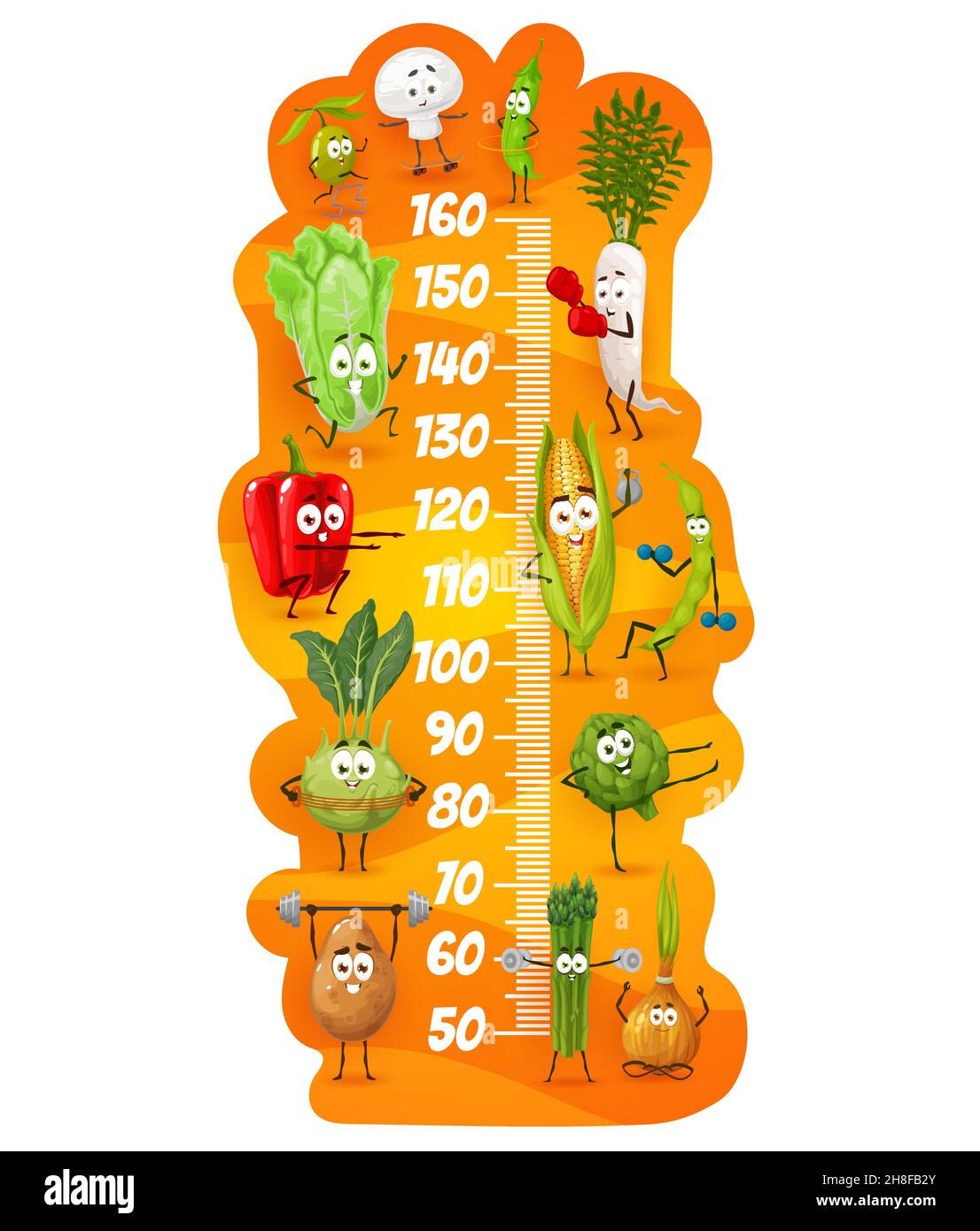 Kids height chart with vegetable sportsman vector characters, growth ...