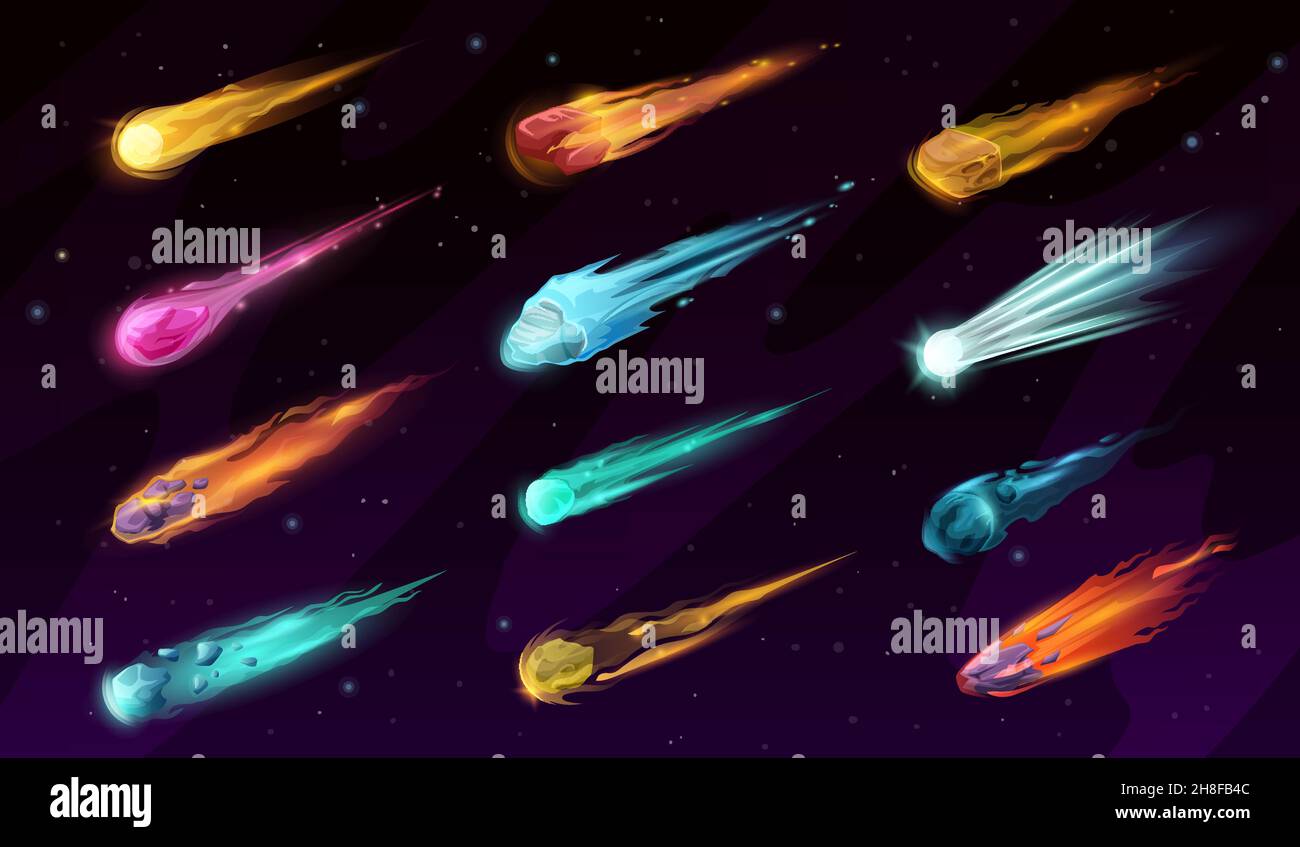 Cartoon galaxy flying comets and space stars, falling asteroids and ...