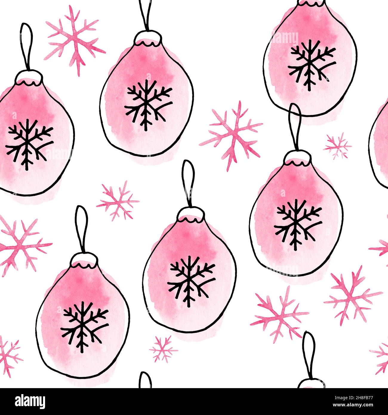 Watercolor seamless hand drawn pattern with pink Christmas elements ...