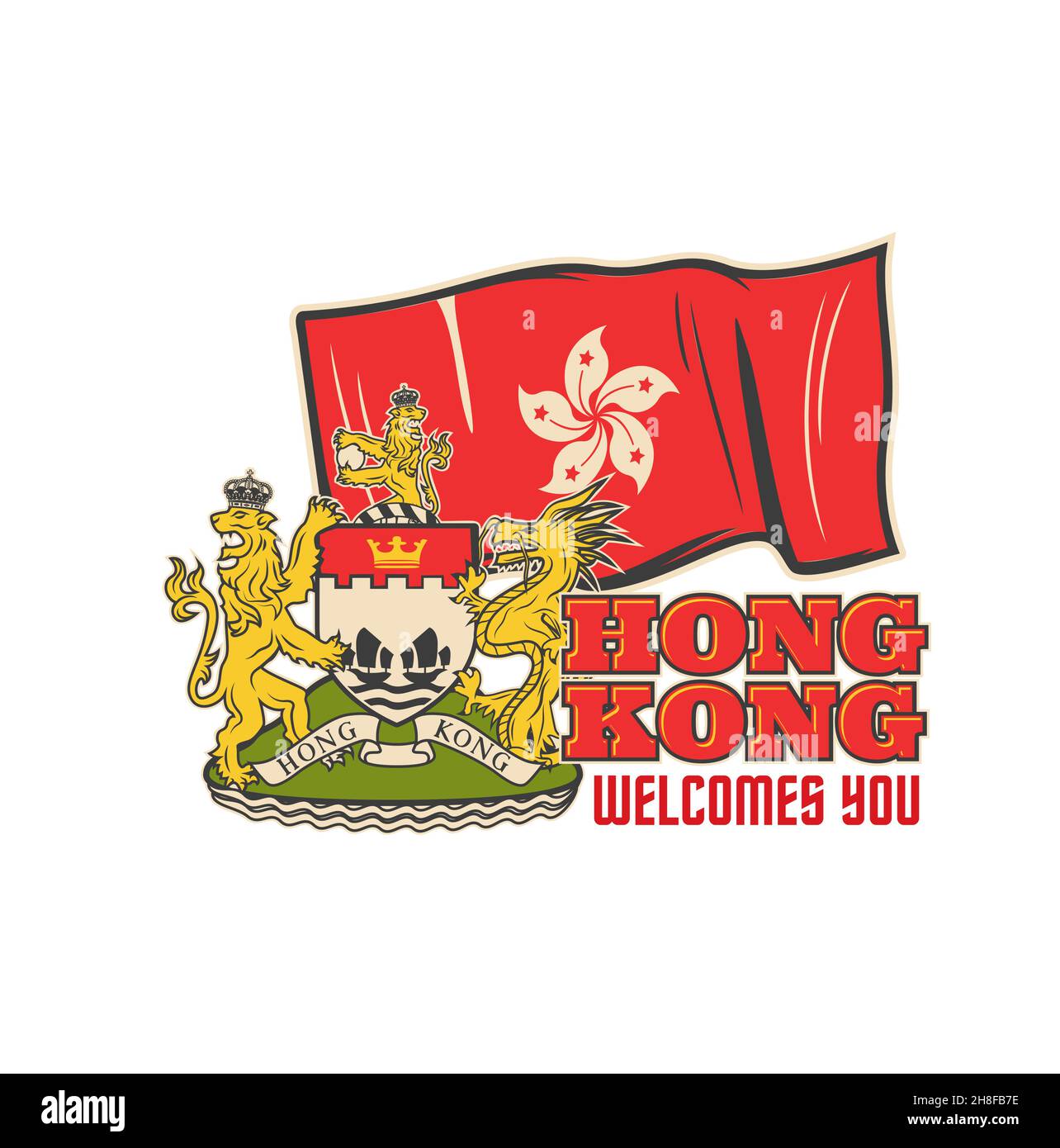 Coat of Arms, Hong Kong travel icon. Asian journey, China city travel ...