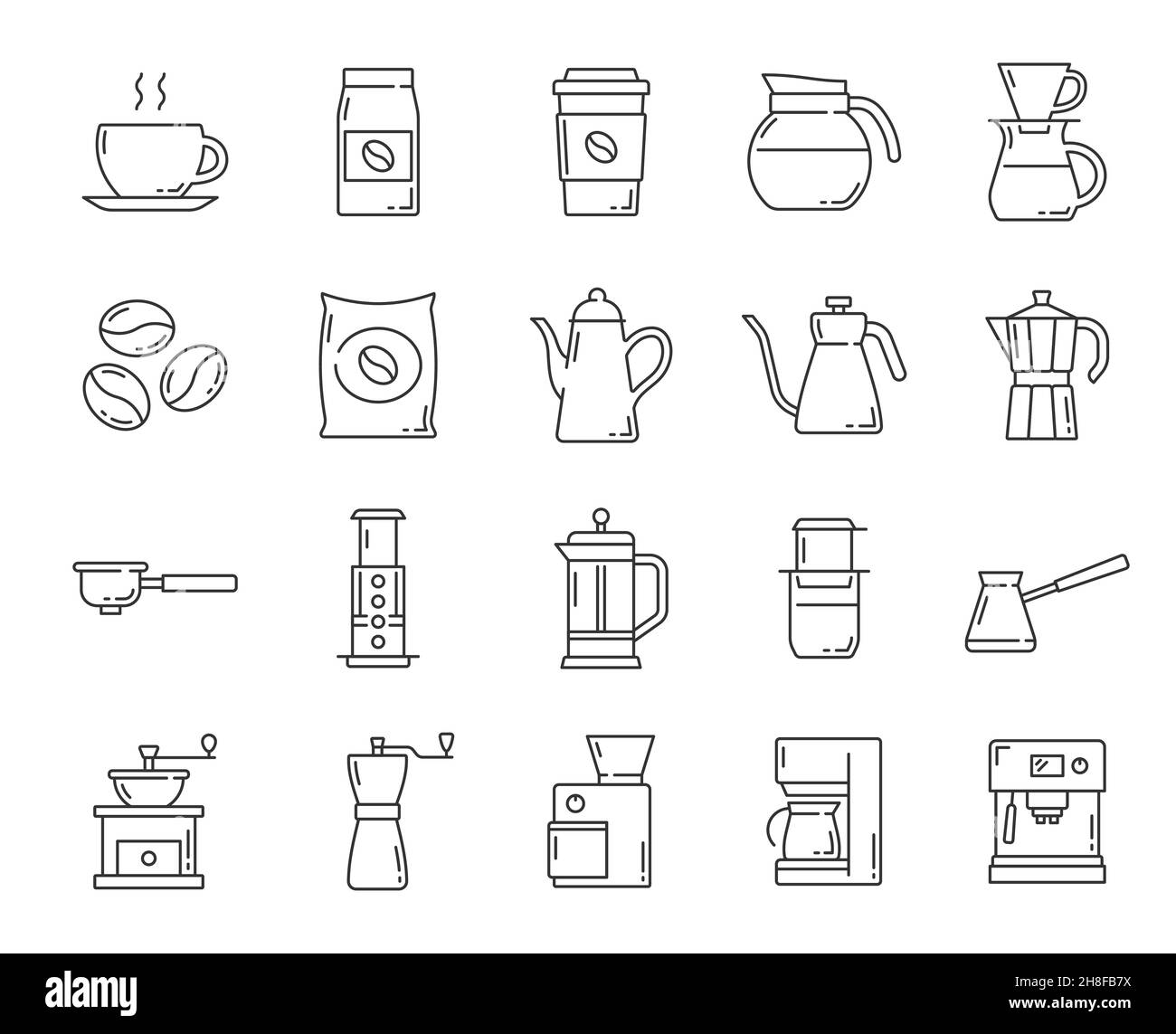 Coffee drink accessories outline icons. Drip and espresso coffee machine, steaming cup and beans ...