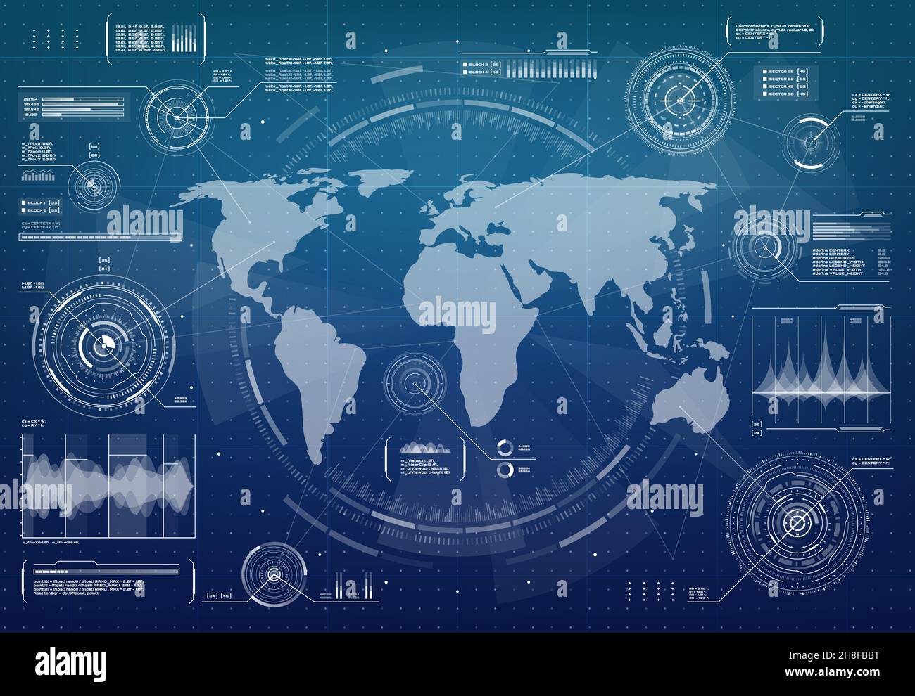 HUD futuristic Earth planet world map hologram with digital interface. Military control, world ...