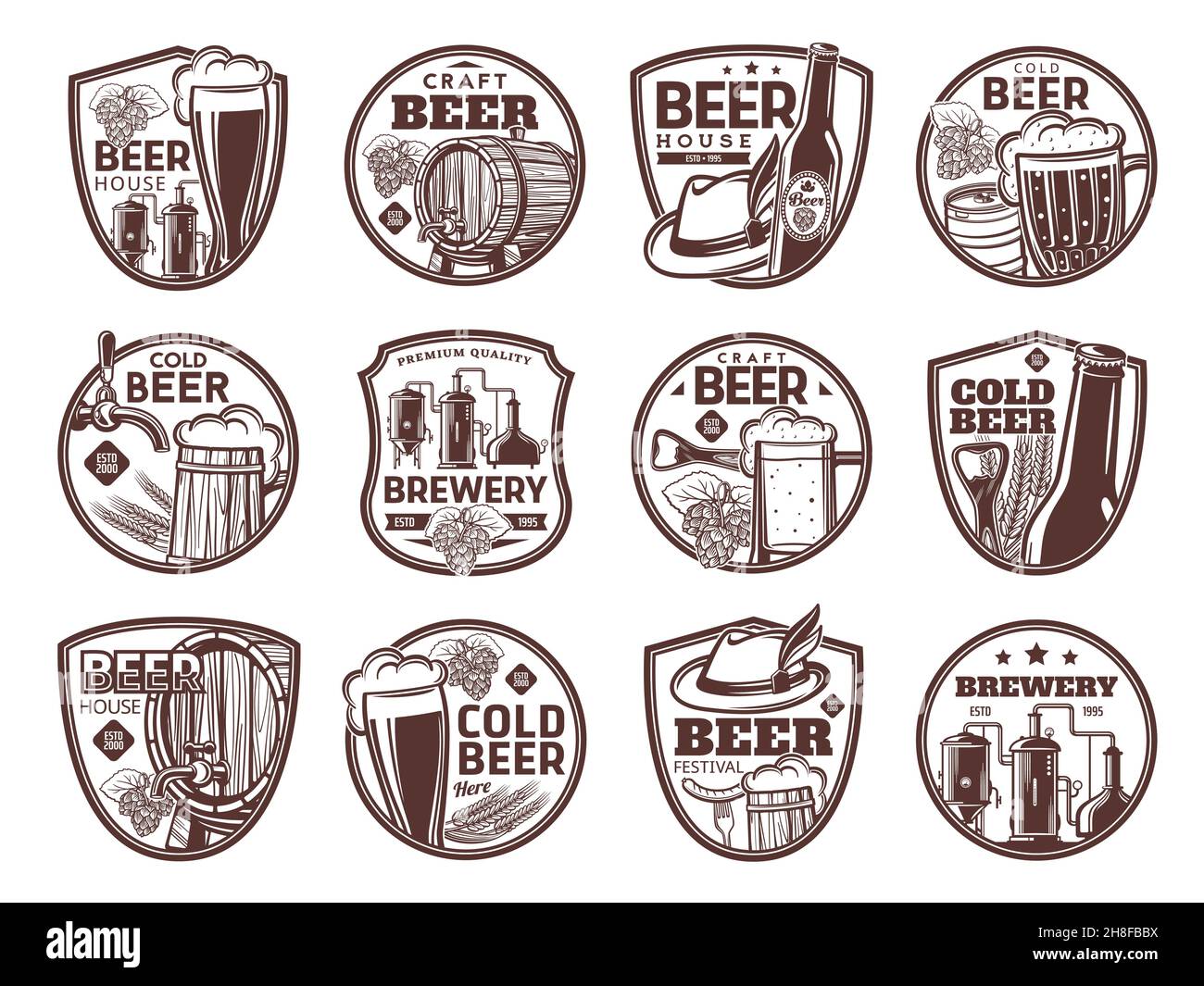 Brewery and craft beer isolated icons of bar and pub alcohol drink ...