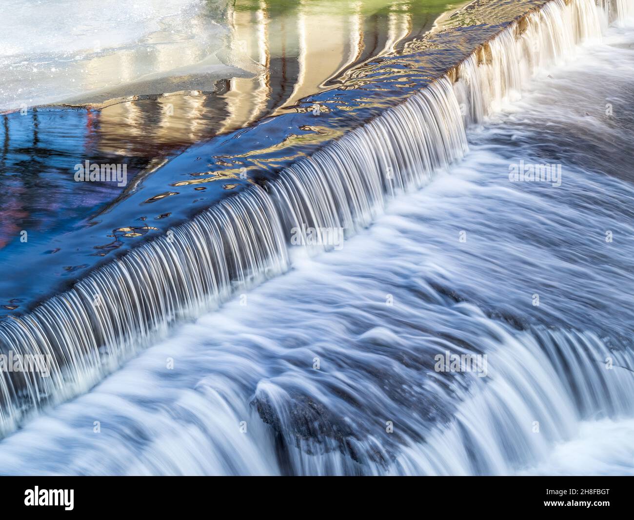 A small flat cascade in a calm river. Water background Stock Photo - Alamy