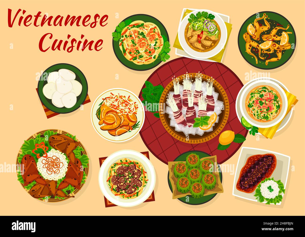 Vietnamese cuisine Asian dishes with vector meat, vegetables and fish ...