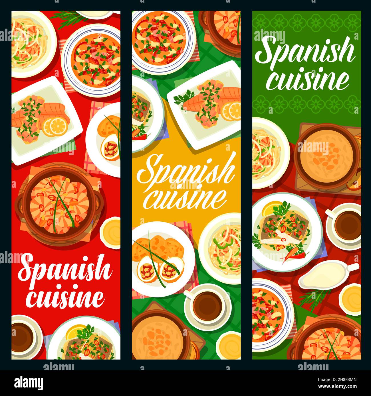 Spanish food, Spain cuisine dishes banners, vector traditional lunch ...
