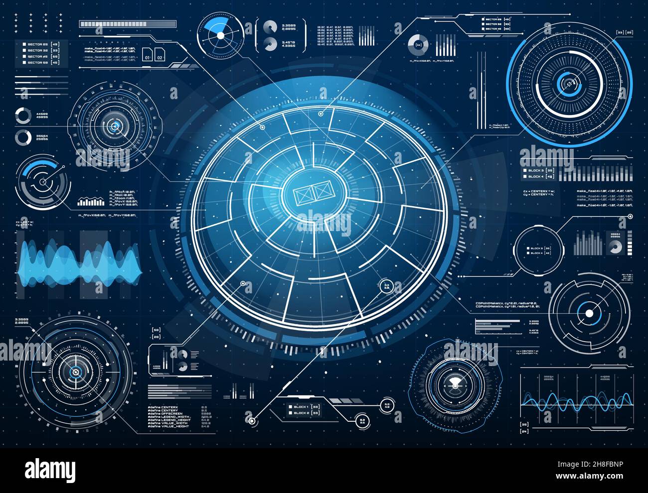 HUD Sci Fi interface with circular aim target control, radar and sound ...