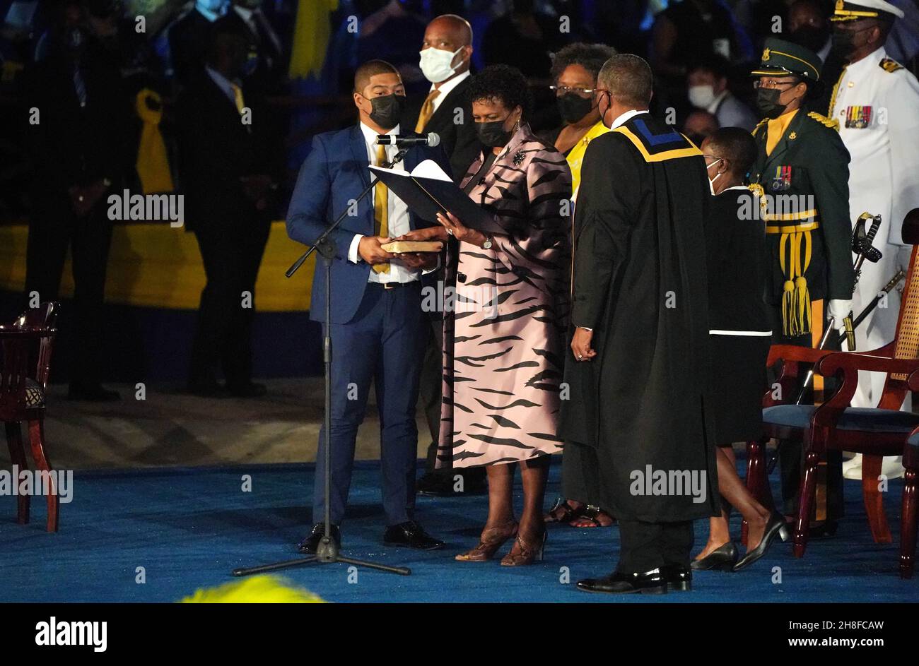 President Sandra Mason (centre) is sworn in as the President of ...