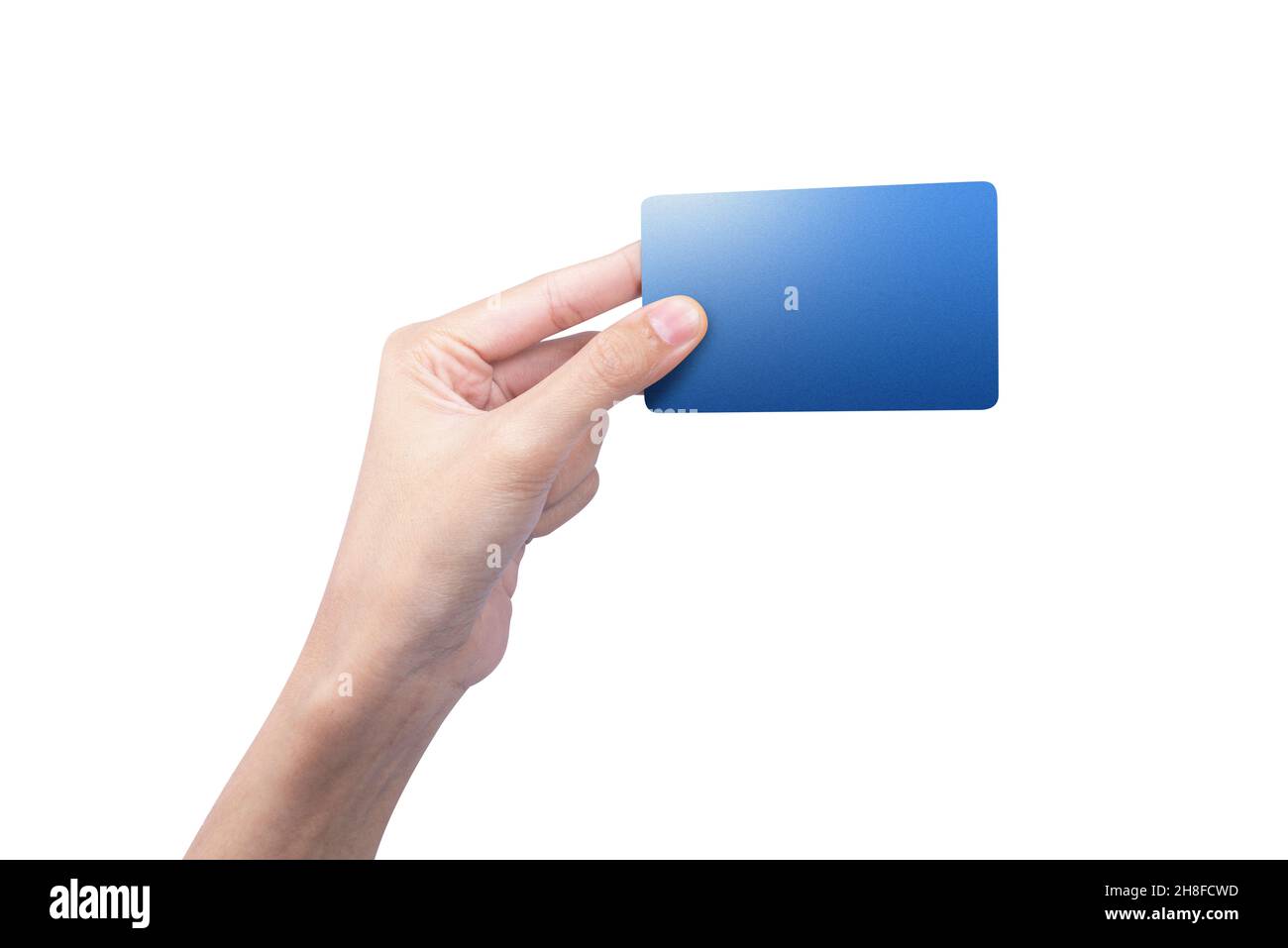 Hand holding empty blue card isolated over white background. Empty card ...