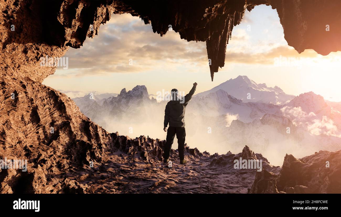 Dramatic Adventurous Scene with Man standing inside a Cave Stock Photo ...
