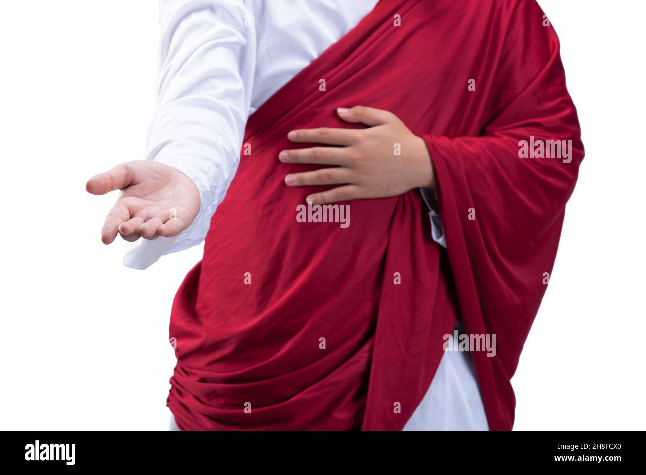 Jesus Christ with open palm giving helping hand isolated over white ...