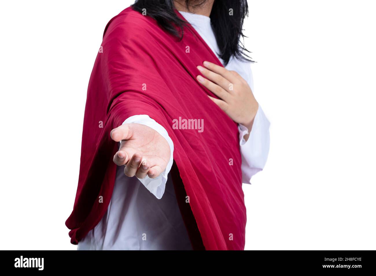 Jesus Christ with open palm giving helping hand isolated over white ...