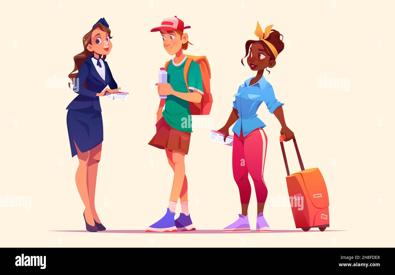 Stewardess check tickets of tourists. Vector cartoon illustration of ...