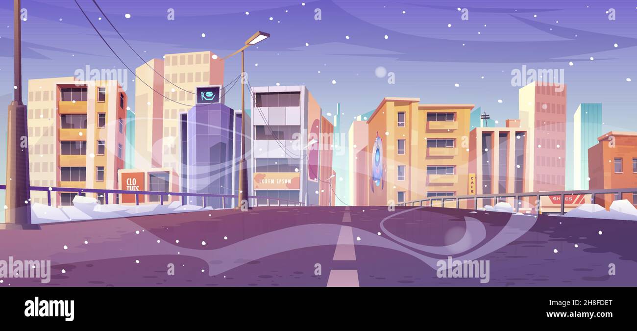 Road to city, town street with buildings with shops and houses in ...