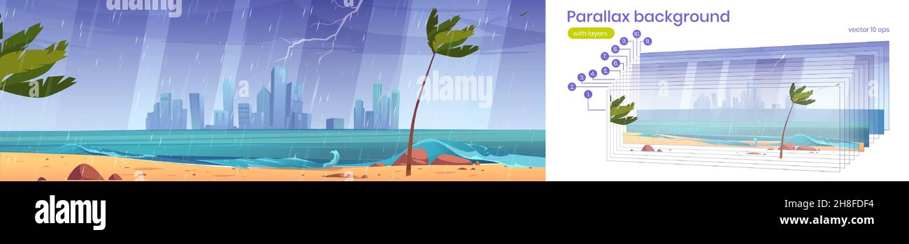 Tropical landscape with sea and city on horizon in rain. Vector ...