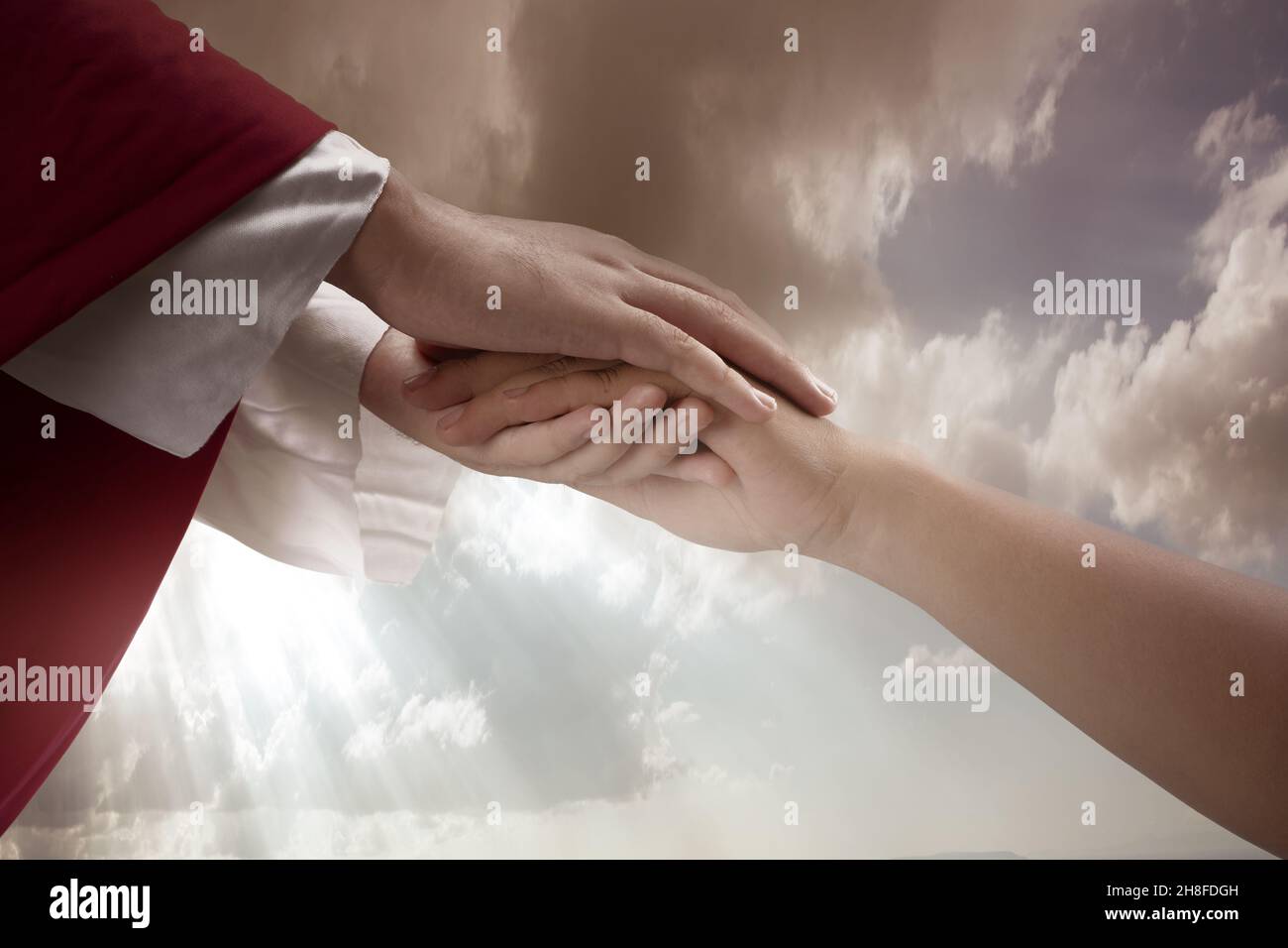 Jesus Christ gave his help to his follower with sunlight background ...