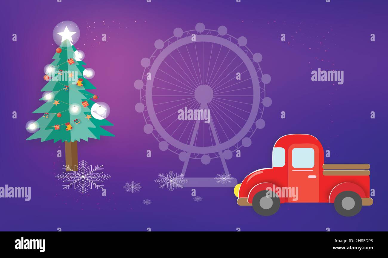 Christmas objects with a red car and beautiful tree on abstract ...