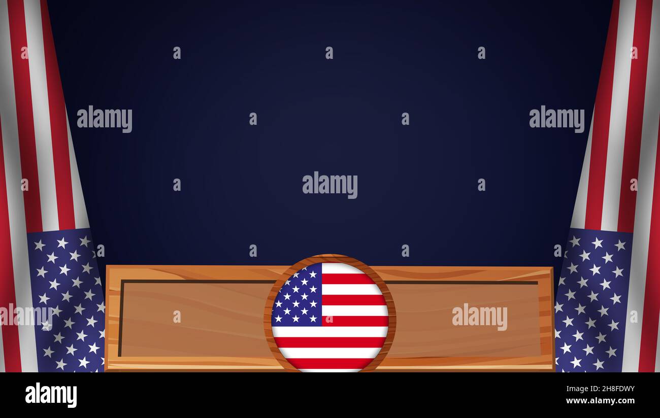Stage and United States Flags on Side with Empty Blue Wall, Political ...