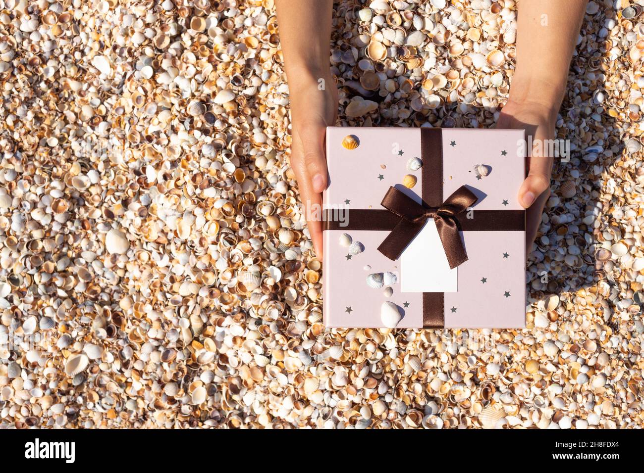 Hands hold out a gift against the background of the beach of small ...